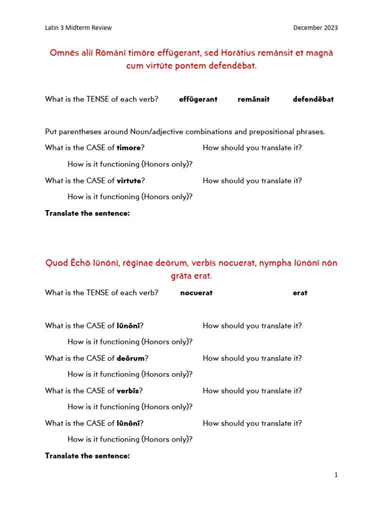 Latin 3 Midterm Practice Sentences | PDF | Verb | Adjective