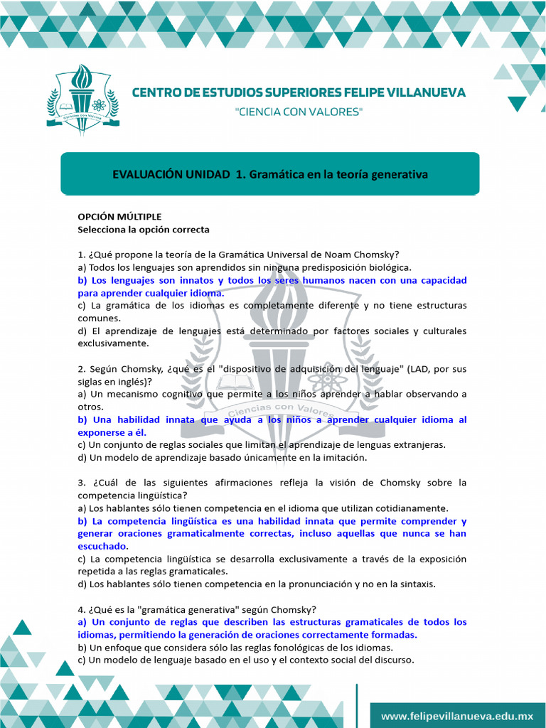 EVALUACIÓN UNIDAD 1. Gramática en La Teoría Generativa | PDF | Noam ...