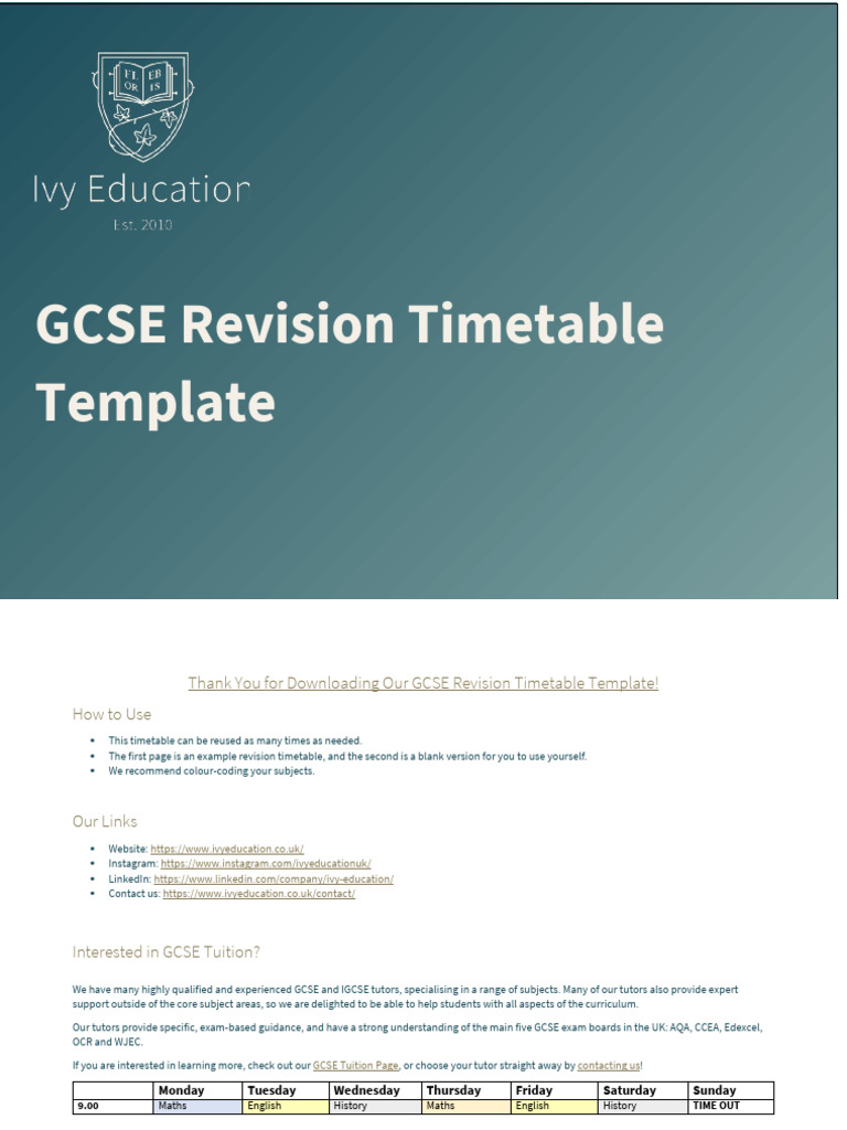 GCSE Revision Timetable Template 1 | PDF | Qualifications | Student ...
