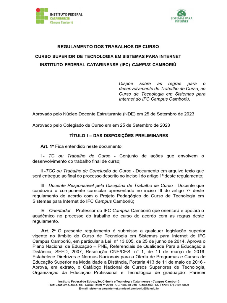 Regulamento de TCC - TSI - IFC Camboriú | PDF | Propriedade intelectual ...