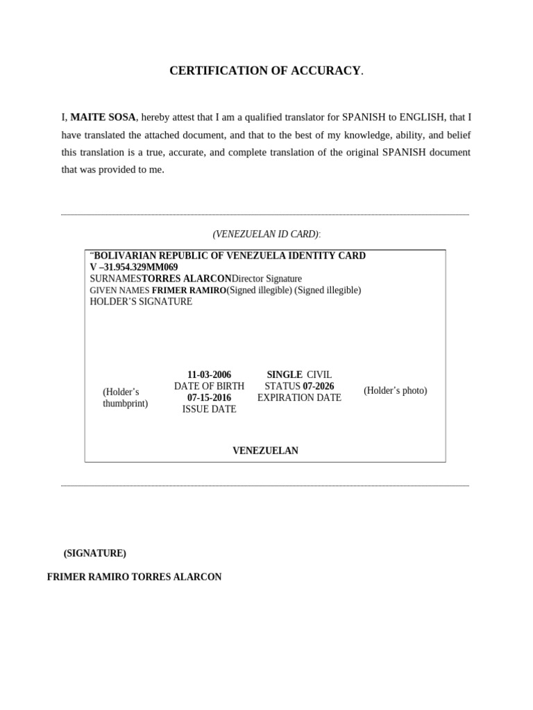 Venezuelan ID Card Translation | PDF