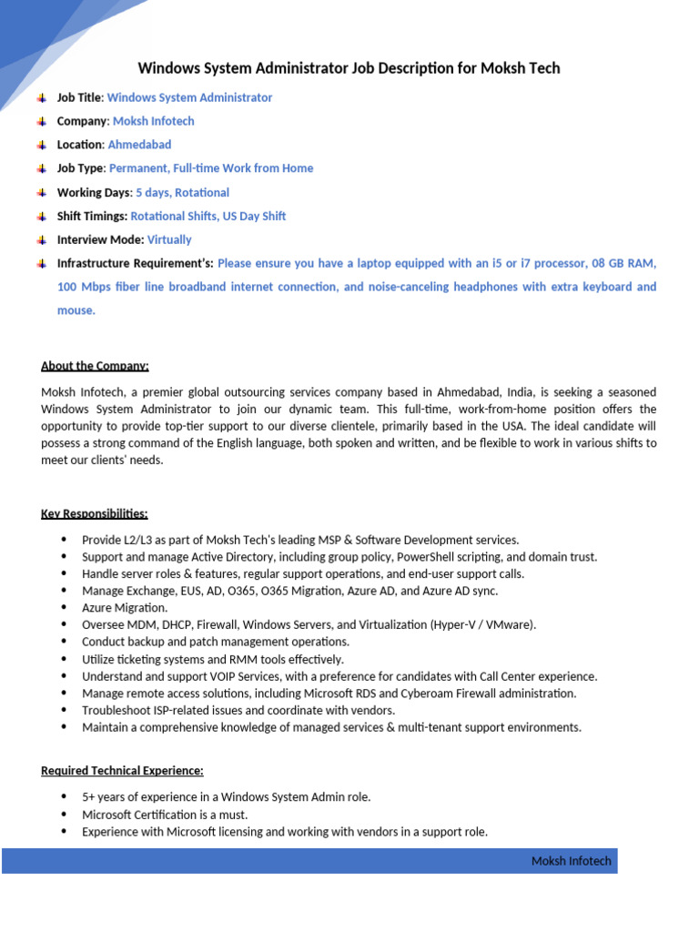 Windows System Administrator Job Description For Moksh Tech | PDF ...