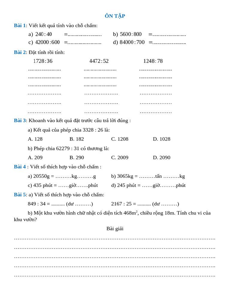 Phieu Bai Tap Toan Lop 4 Tuan 15 | PDF