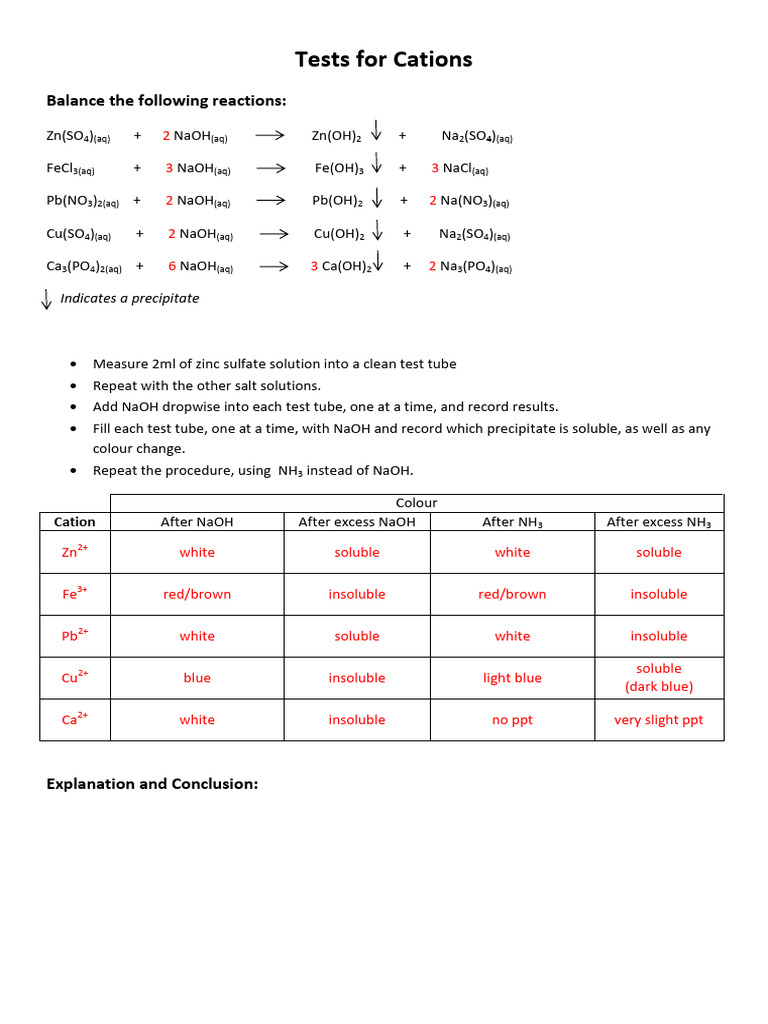 Tests for Cations KEY | PDF