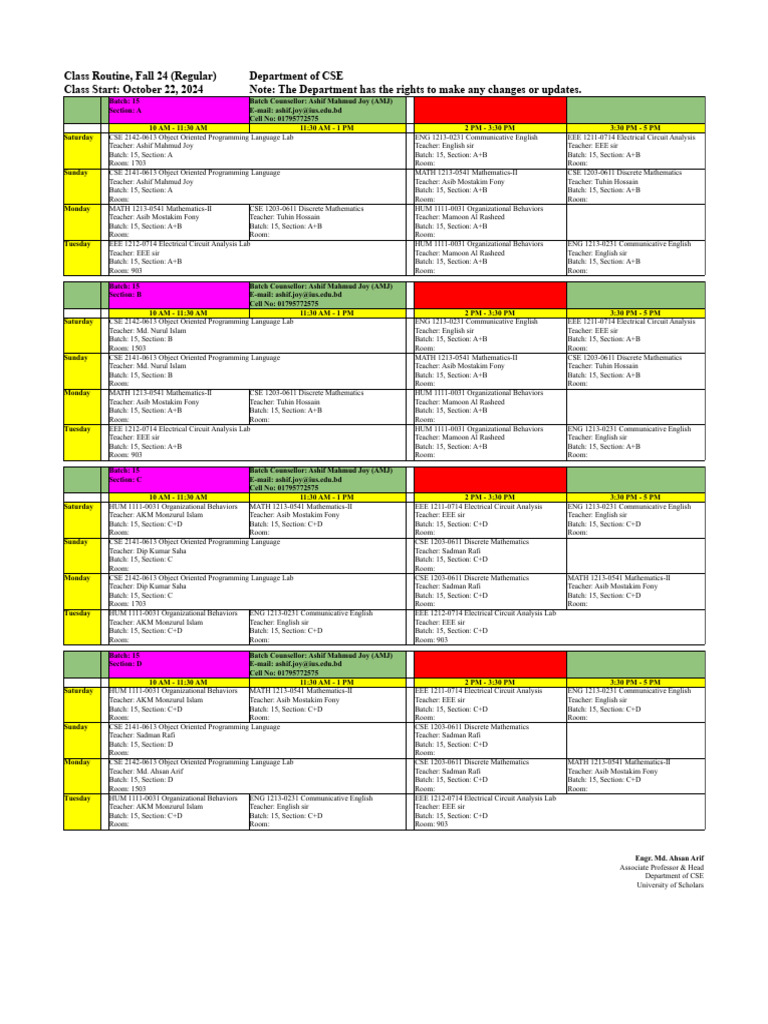 Fall 2024 Class Routine - CSE Dept. | PDF | Science | Communication