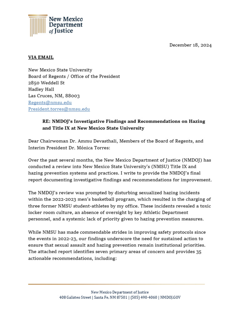Final Report Letter To NMSU - 12-18-24 | PDF | Title Ix | Violence