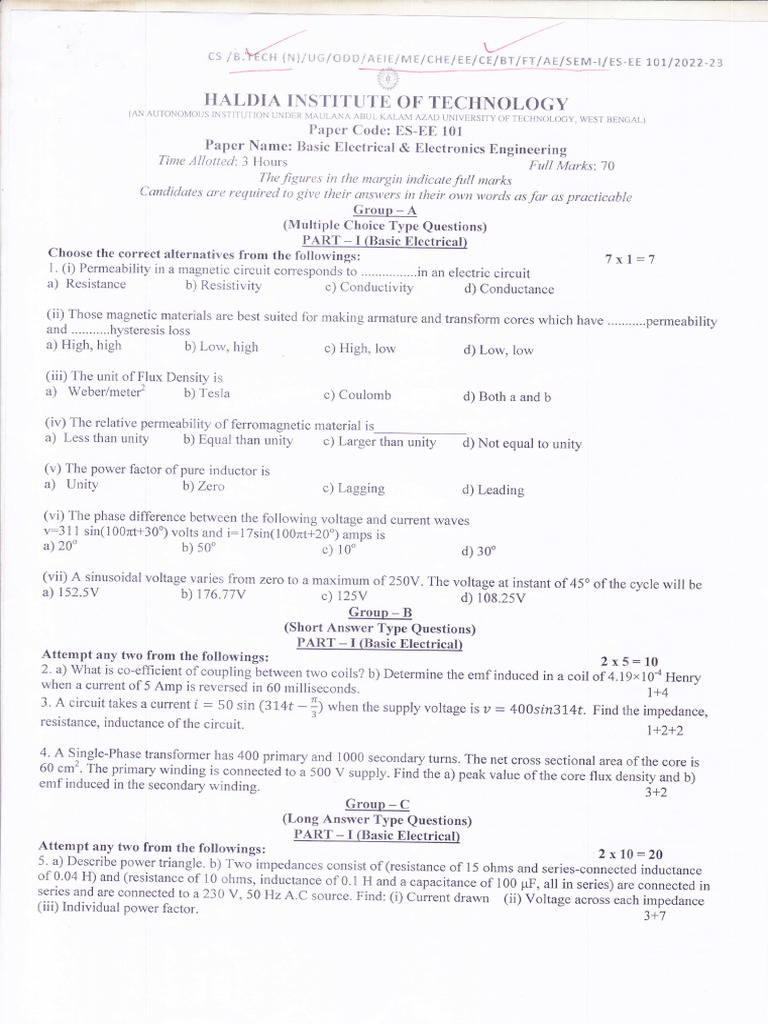 b.tech 1st Sem 2022-23 | PDF | Inductor | Transformer