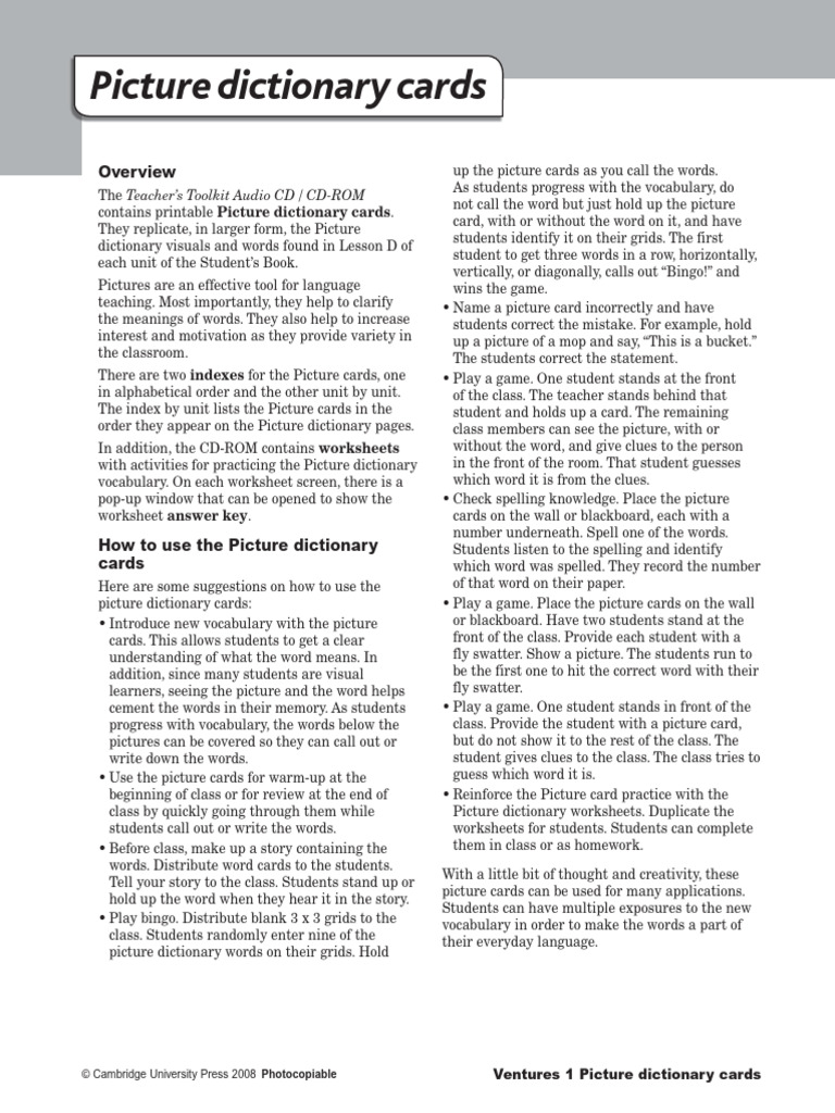 Picture Dictionary Cards - Intro | PDF