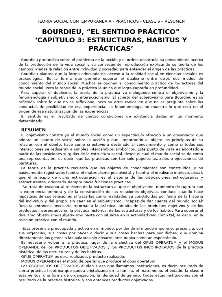 CLASE 5 - Bourdieu, - El Sentido Práctico - CAP3 Estructuras, Habitus y Practicas | PDF ...
