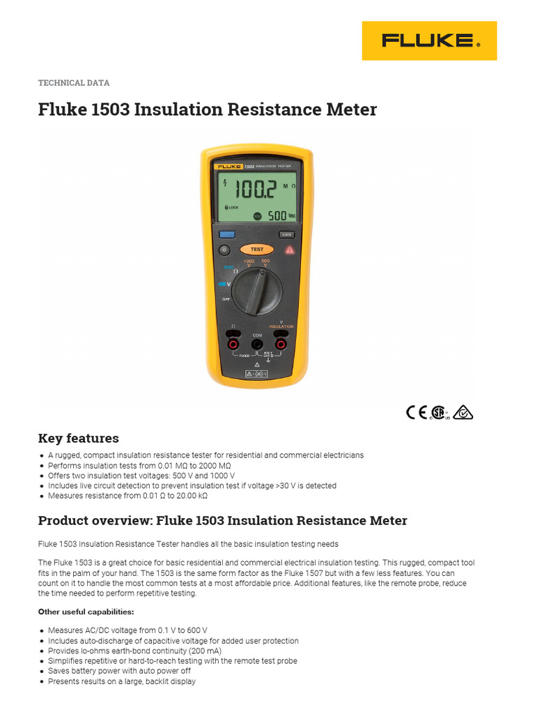 Fluke 1503 Insulation Resistance Meter Data Sheet | PDF | Power Supply | Insulator (Electricity)