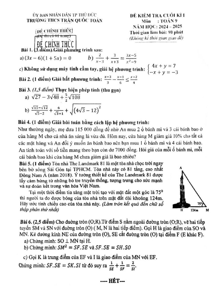 De Cuoi Ki 1 Toan 9 Nam 2024 2025 Truong Thcs Tran Quoc Toan Tp Hcm (1) | PDF