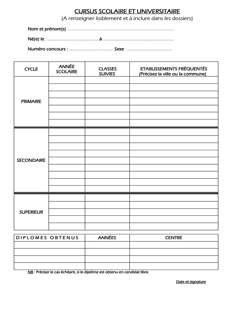 Fiche de Cursus Scolaire et Universitaire | PDF