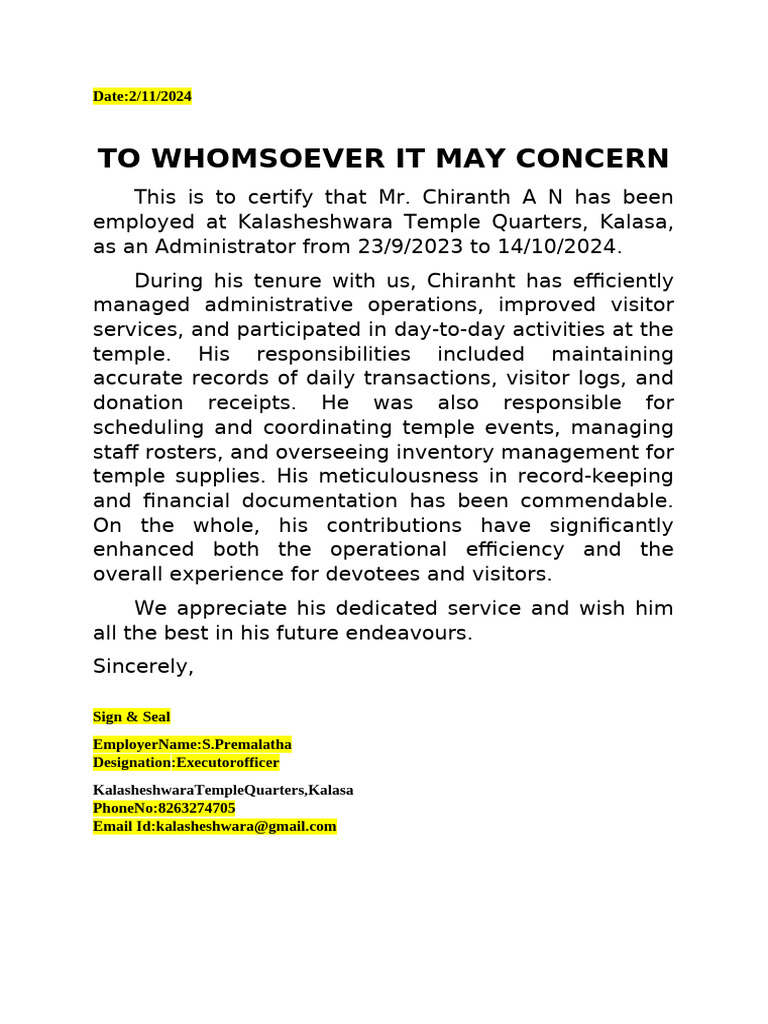 Chiranth Workletter E1 | PDF