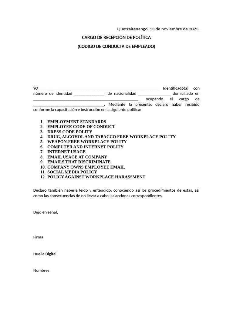 CARGO DE RECEPCIÓN DE POLÍTICAS | PDF