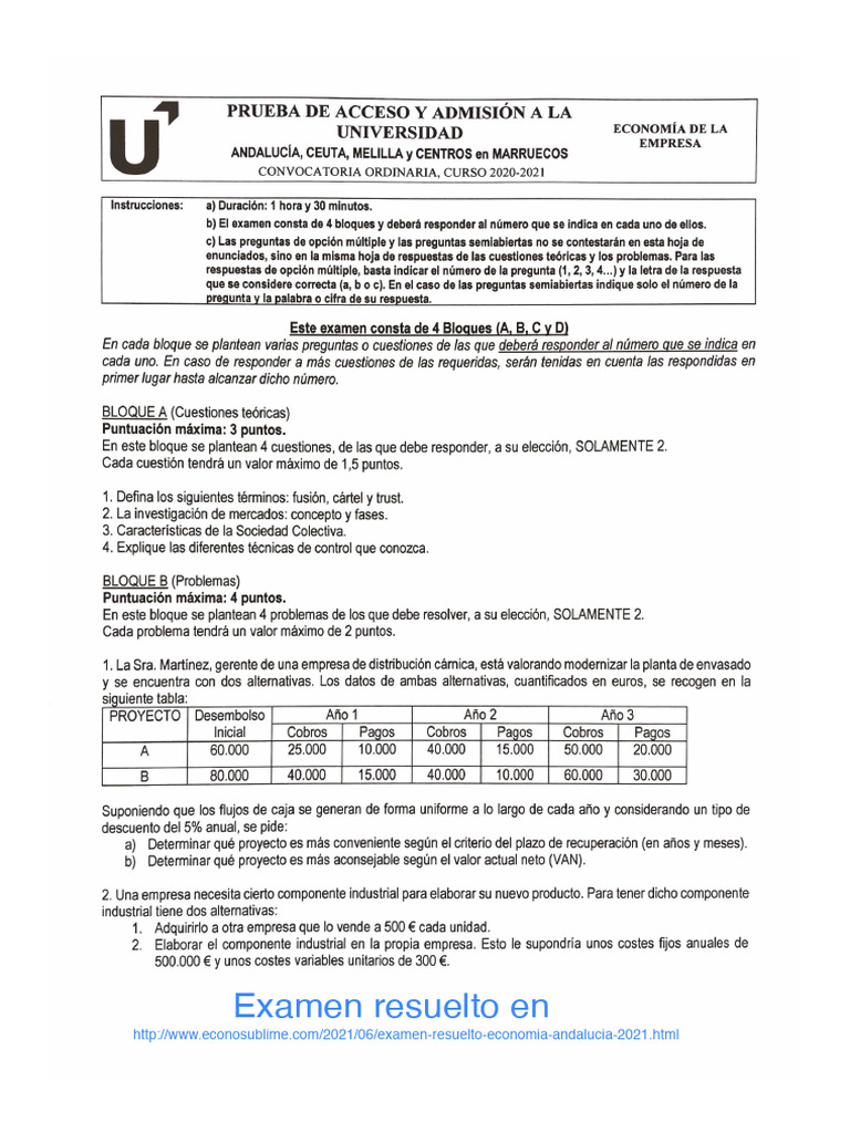 Examen Resuelto Economía de La Empresa Andalucía 2021 | PDF | Business | Mercado (economía)