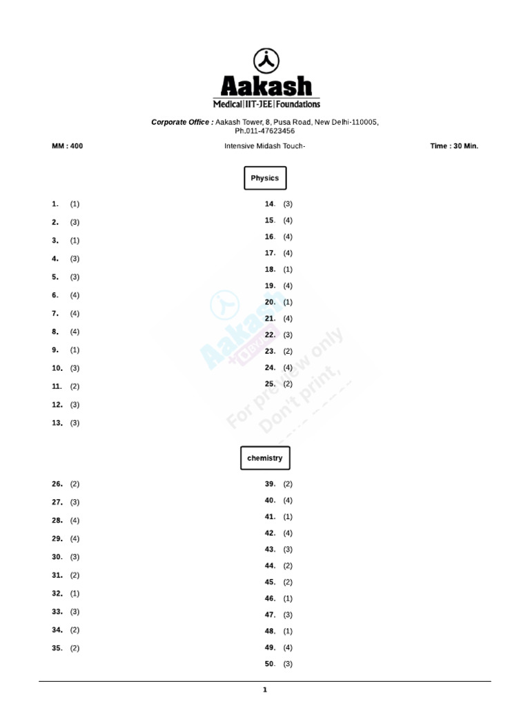 Answer Key - of Practice Paper Aakash | PDF