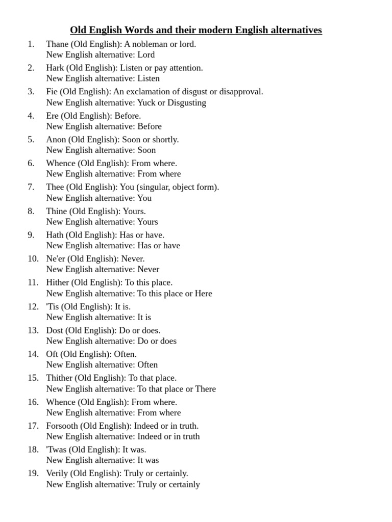 Old English Words and Their Modern English Alternatives | PDF
