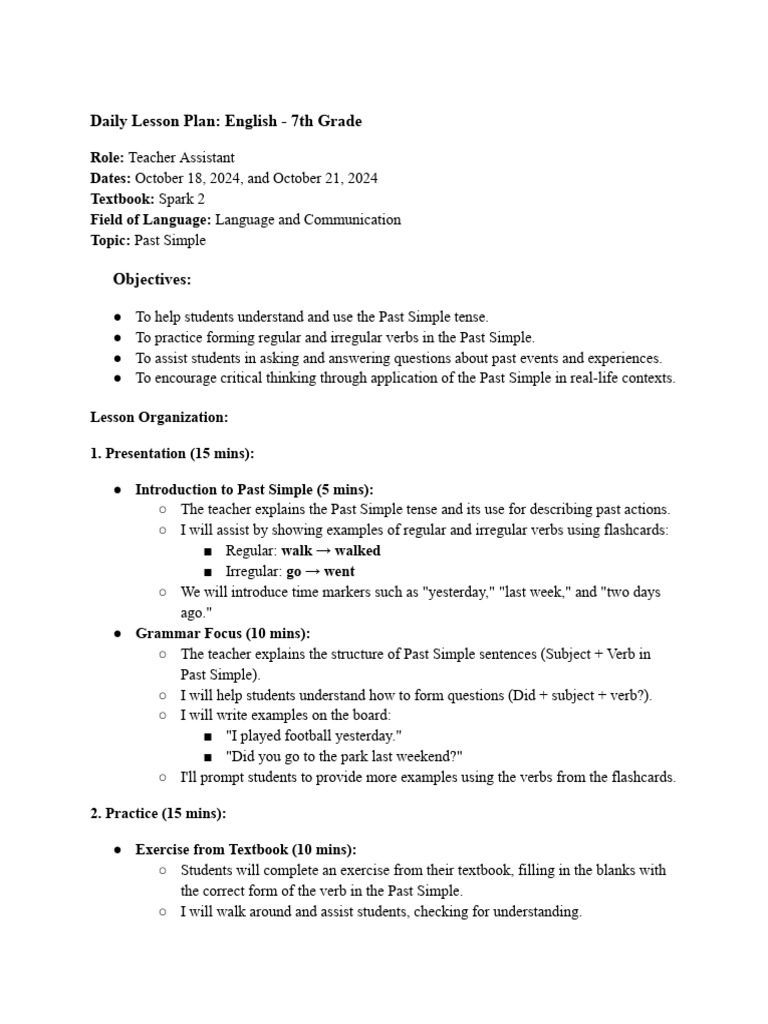 Lesson Plan 18 21 Pdf Grammatical Tense Learning