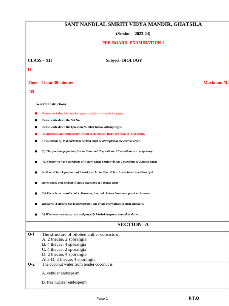 Pre-Board-I Question Paper - M. S Set-Ii | PDF | Menstrual Cycle | Luteinizing Hormone