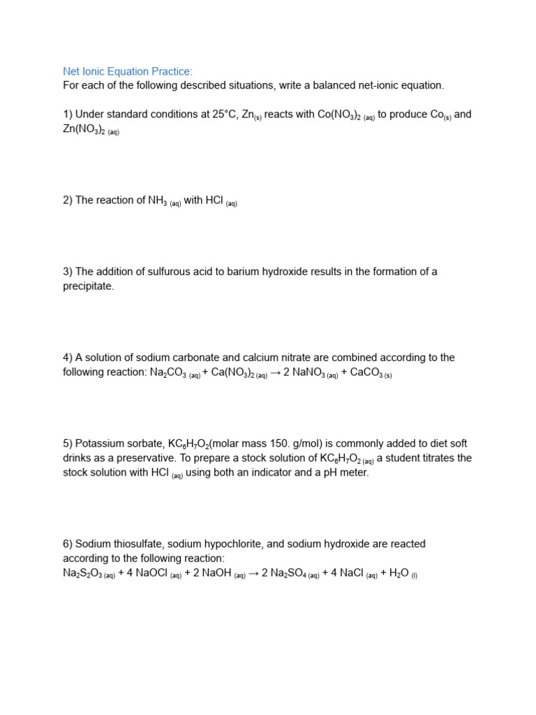 Net Ionic Equation Practice | PDF | Aqueous Solution | Hydroxide