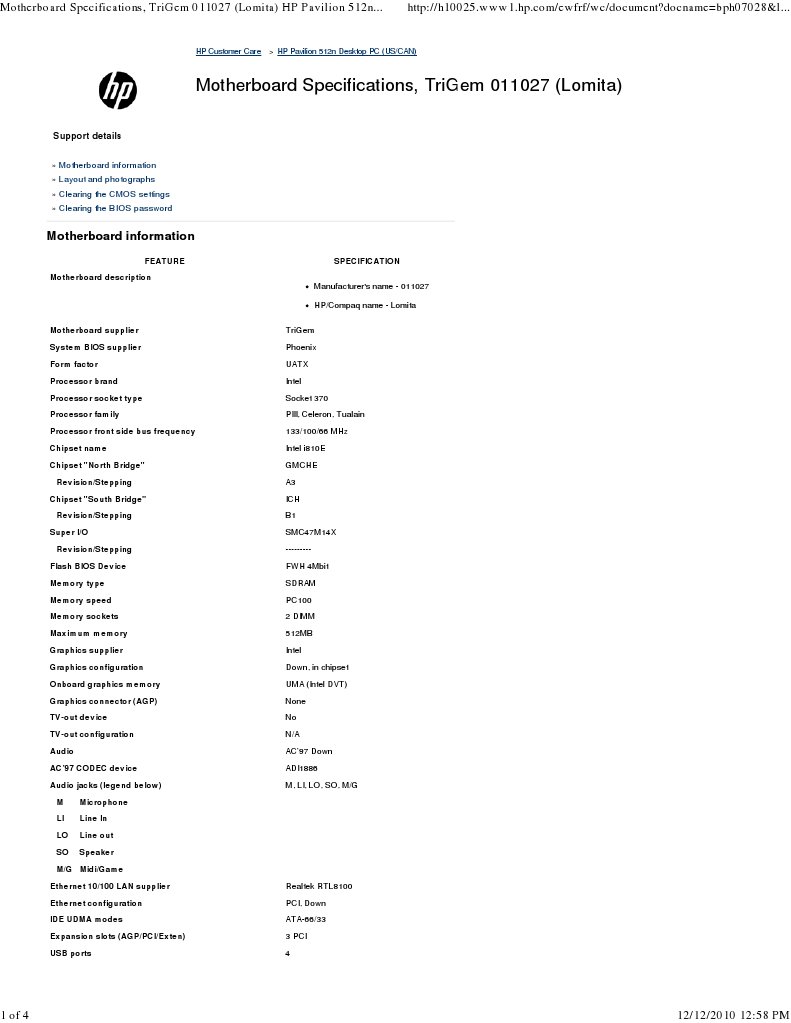 Trigem Lomita Motherboard Specifications | PDF | Bios | Personal Computers