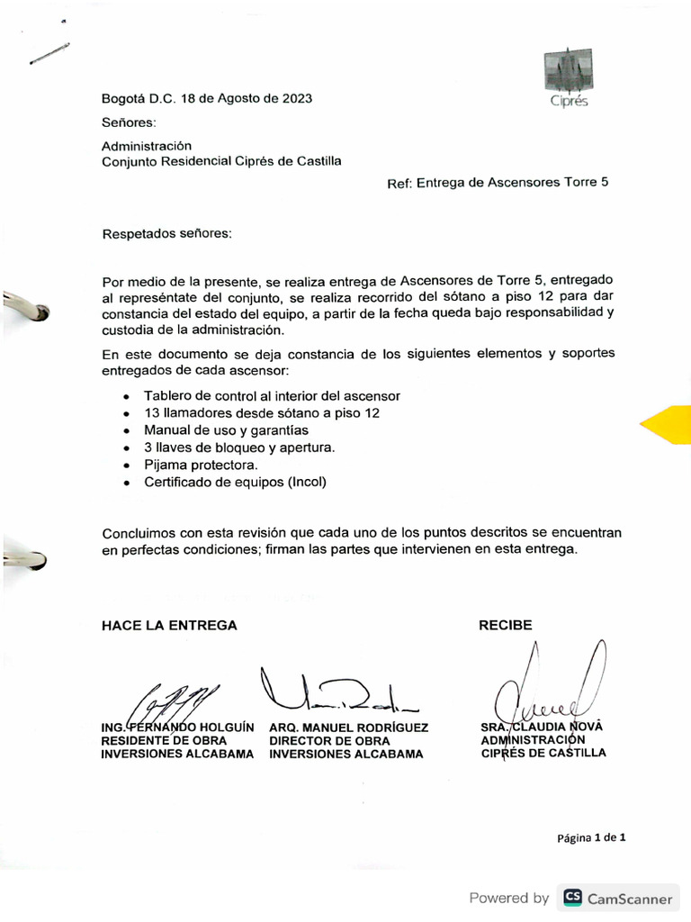 Entrega de Ascensor Torre 5, Certificados y Puesta en Marcha Ciprés | PDF