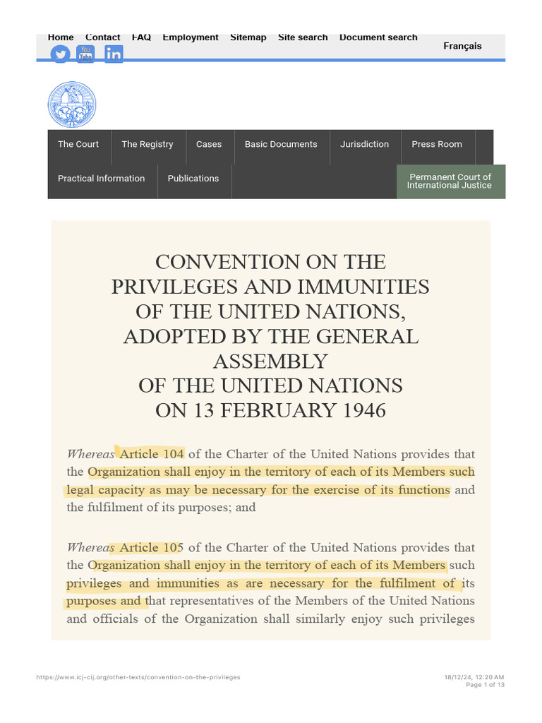 UN Privileges and Immunities Guide | PDF | Sovereign Immunity | Tax ...