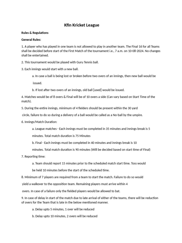 Kfin Kricket League Aug 2024 | PDF | Bowling (Cricket) | Sports Rules ...