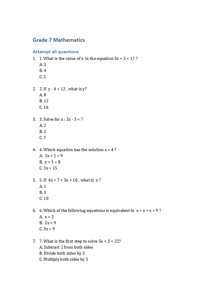 Grade 7 Math Problem Set and Solutions | PDF