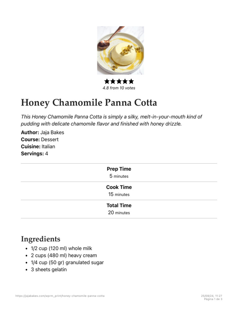 Honey Chamomile Panna Cotta - Jaja Bakes | PDF | Fat | Honey