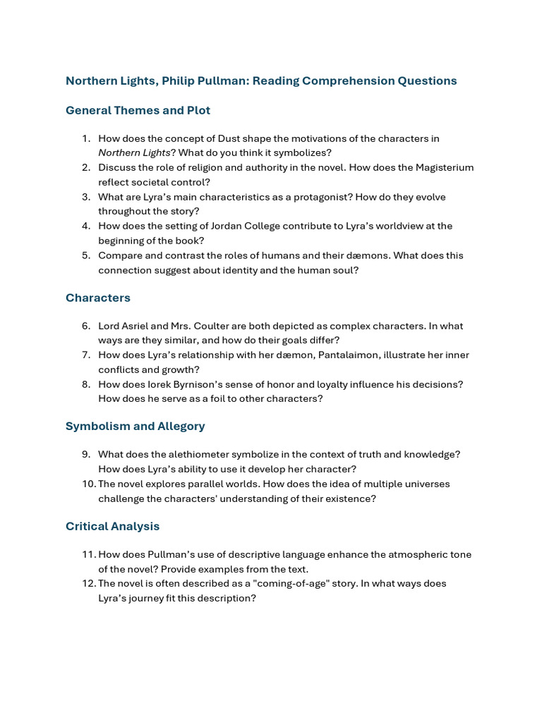Northern Lights - Reading Comprehension Questions | PDF