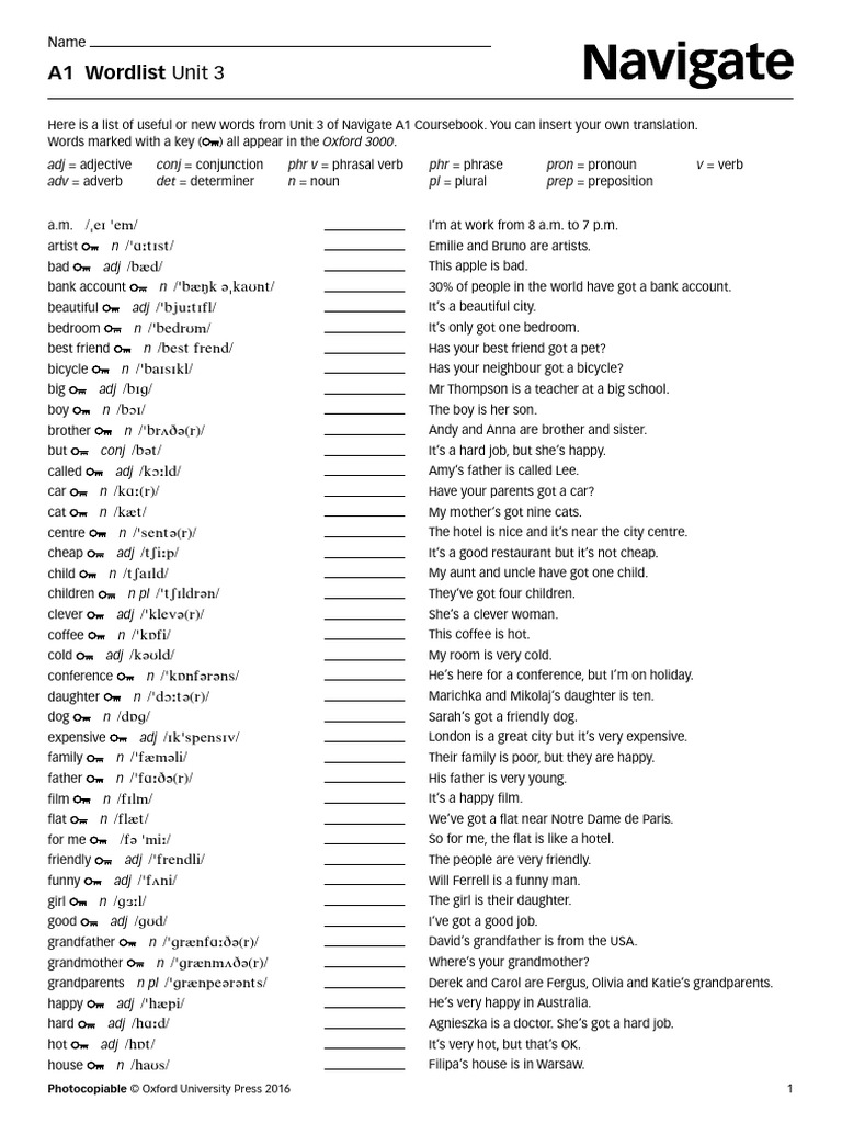 Navigate A1 Wordlist Unit 3 | PDF | Verb | Linguistic Morphology
