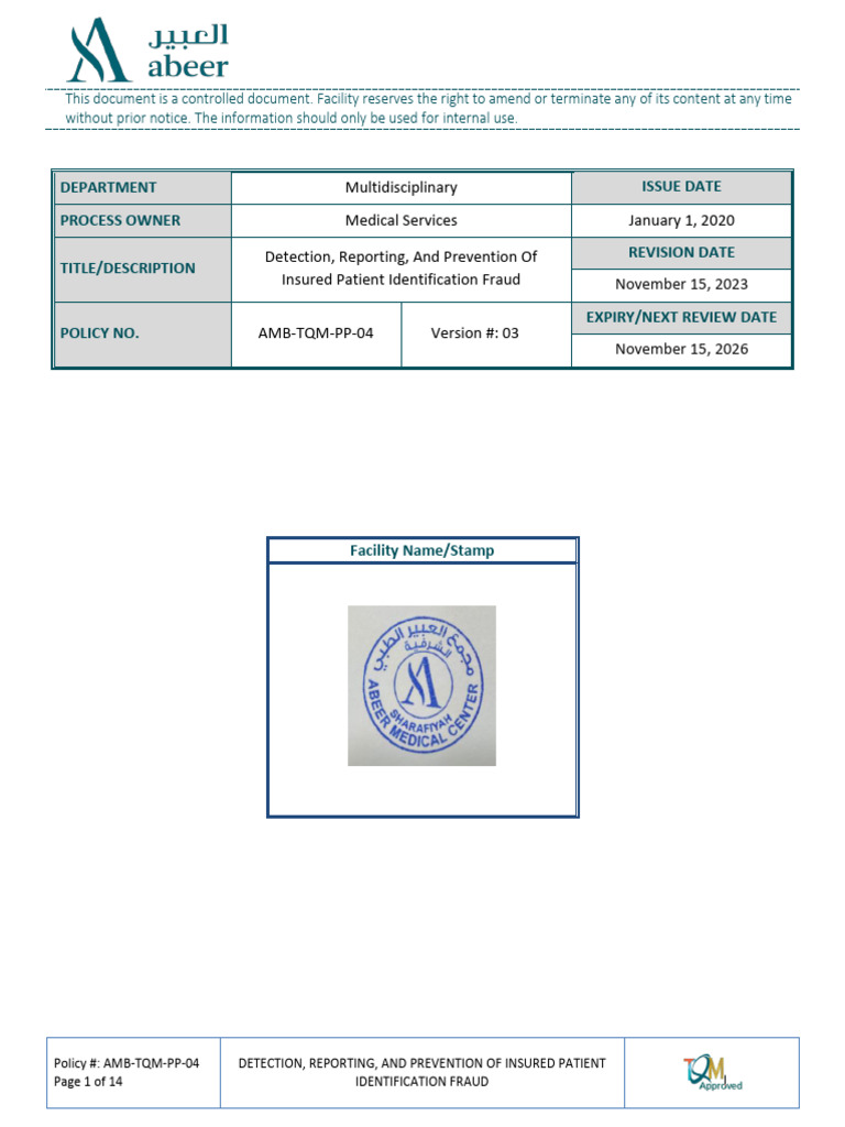 AMB-TQM-PP-04 Patient Mis-Identification Insurance Fraud Policy | PDF ...