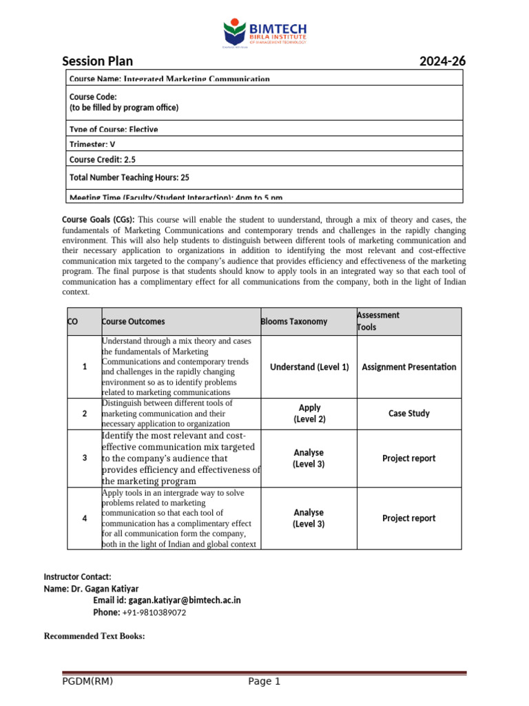 Session Plan-IMC-2023-25 | PDF | Marketing Communications | Plagiarism