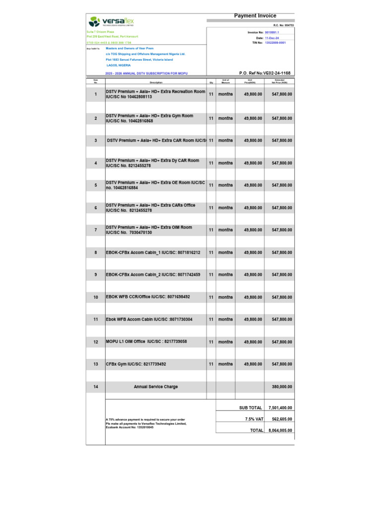 Payment Invoice 2025 - 2026 DSTV Service | PDF