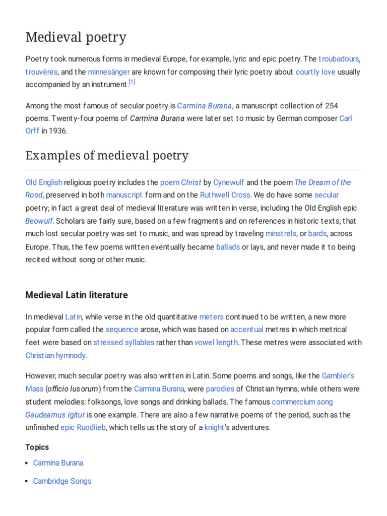 Medieval Poetry - Wikipedia | PDF | Medieval Poetry | Medieval Literature