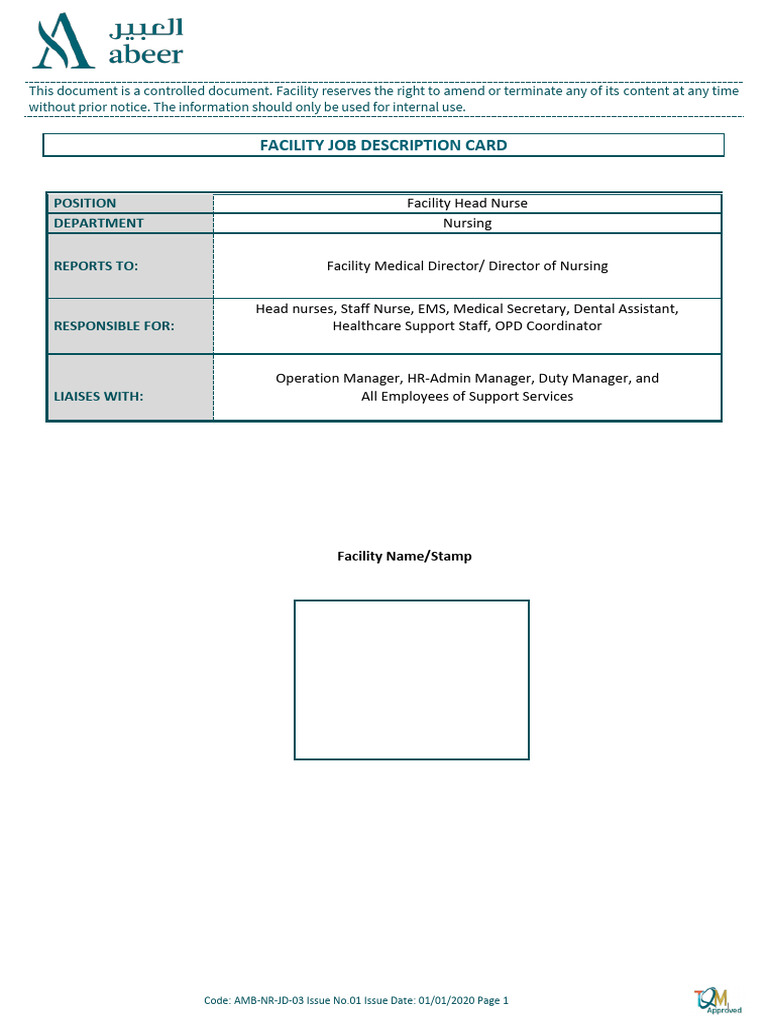 AMB-NR-JD-03 Facility Head Nurse | PDF | Nursing | Patient Safety