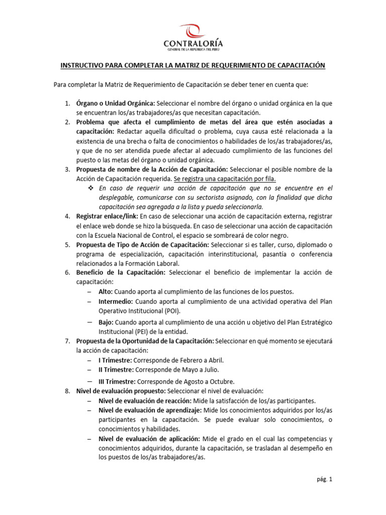 Instructivo - Matriz de Requerimiento de Capacitación | PDF | Evaluación | Gestión de recursos ...