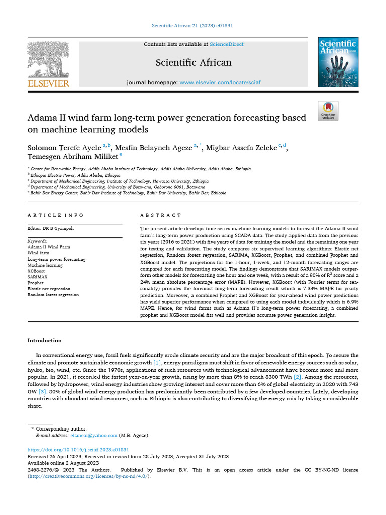 Adama II Wind Farm Long Term Power Generation Forecasting B - 2023 ...