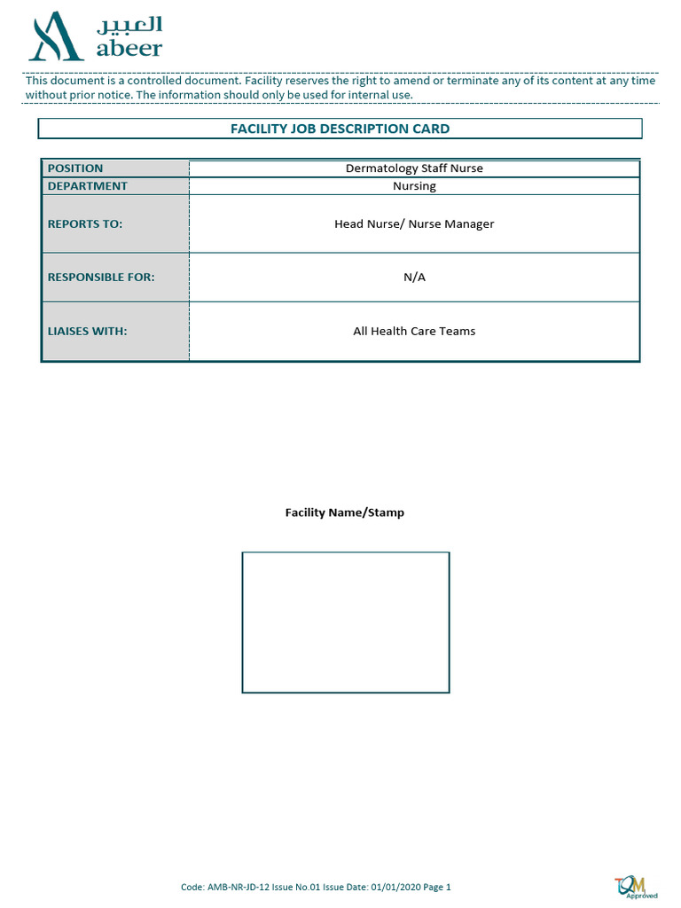 12. AMB-NR-JD-12 Derma Staff Nurse | PDF | Dermatology | Nursing