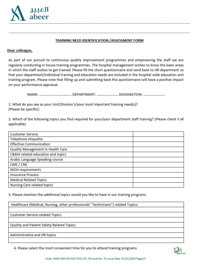 Training Needs Assessment Form | PDF | Health Sciences | Public Services