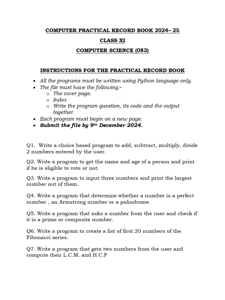 Class XI Practical Record Book | PDF | Computing | Computer Programming