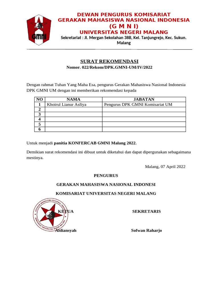Surat Rekom Panitia Konfercab - Um | PDF