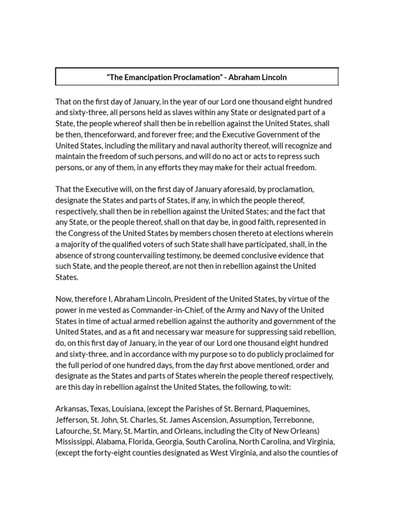 “The Emancipation Proclamation” - Abraham Lincoln | PDF | Emancipation ...