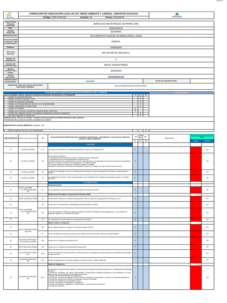 Formulario de Adecuación Legal de SST MA y Laboral v.05 | PDF ...