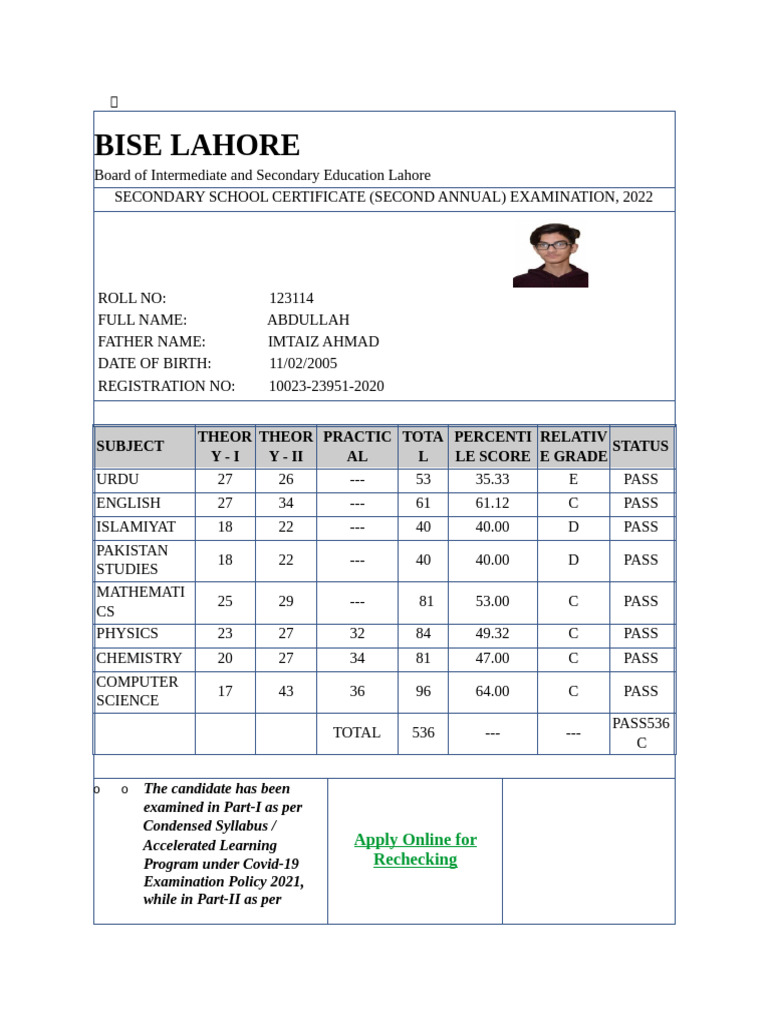 Bise Lahore Examination Result Status Sheet | PDF