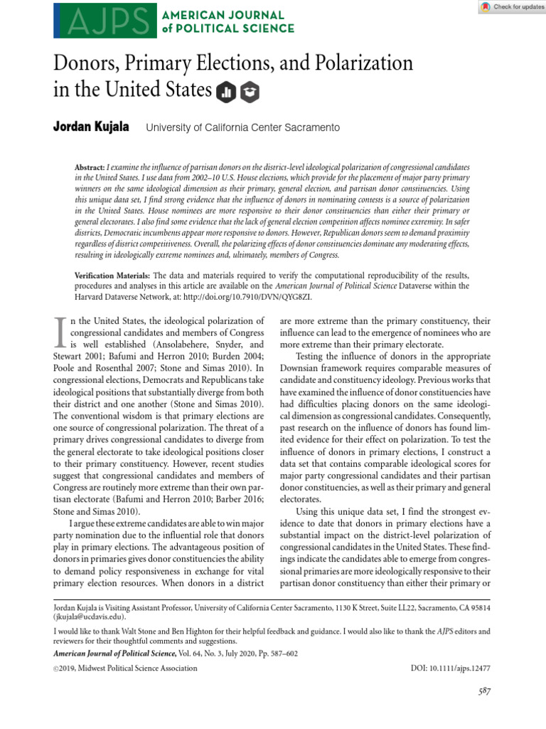 American J Political Sci - 2019 - Kujala - Donors Primary Elections and Polarization in the ...