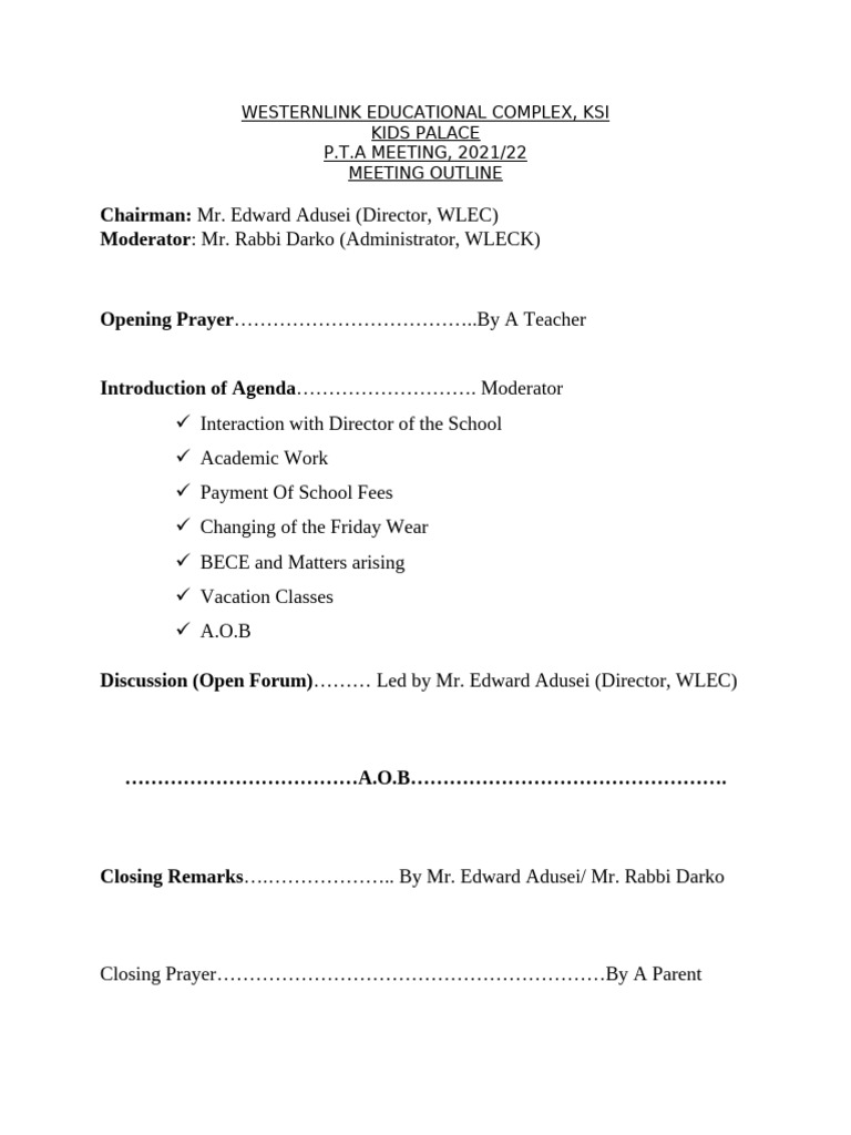 Pta Meeting Outline | PDF