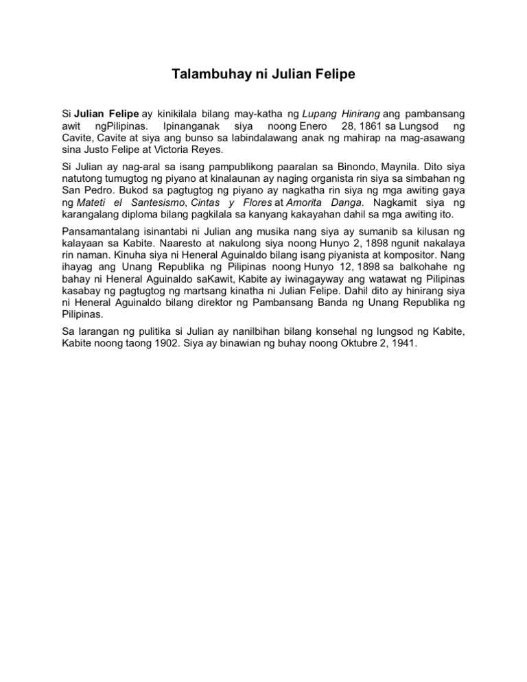 Talambuhay Ni Julian Felipe | PDF