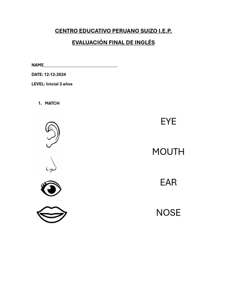 Preschool English Final Exam | PDF